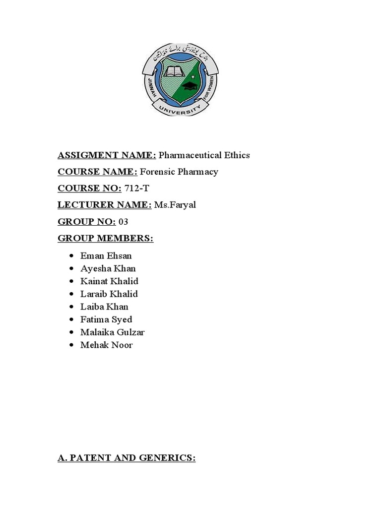 Pharmaceutical Ethics Assignment Group Report | PDF | Pharmacy | Generic Drug