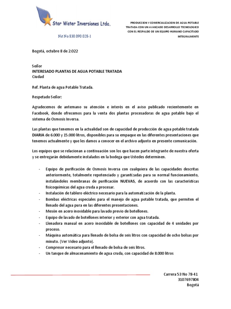 Carta Oferta MODELO | Descargar gratis PDF | Agua | Agua potable