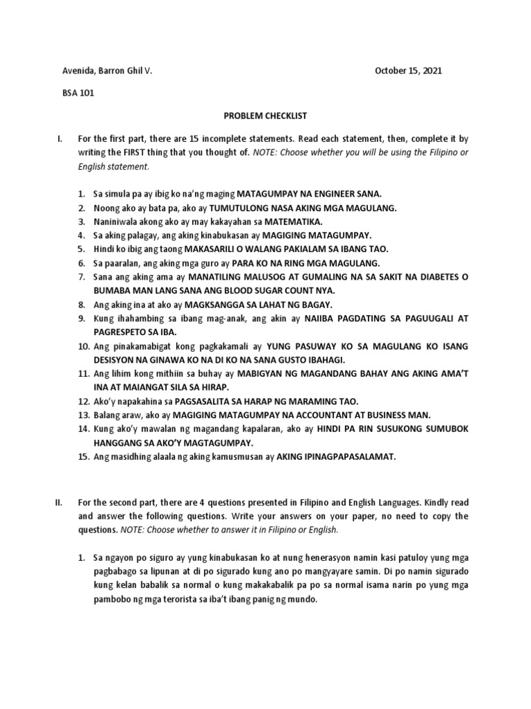 Problem Checklist | PDF