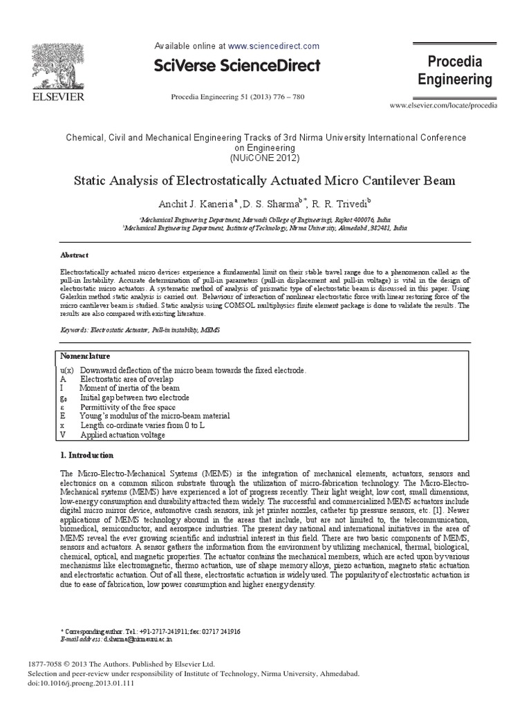 Static Analysis Of Electrostatically Actuated Micro Cantilever Beam Pdf