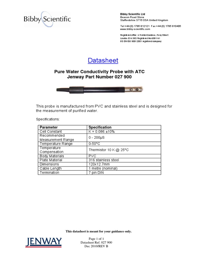 Jenway 027900 Ultra-Pure Water Conductivity Probe Data Sheet | PDF