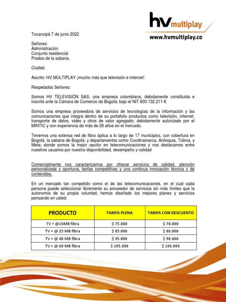 Carta de Presentación HV - Multiplay - Prados de La Sabana | PDF