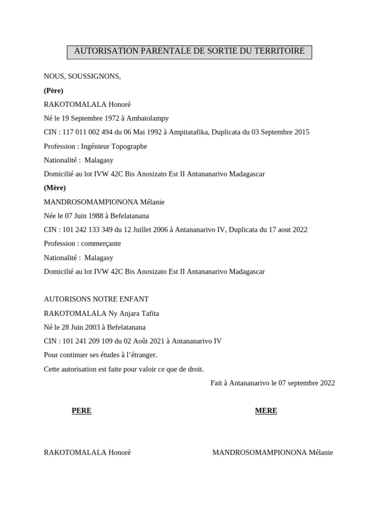 Autorisation Parentale de Sortie Du Territoire | PDF