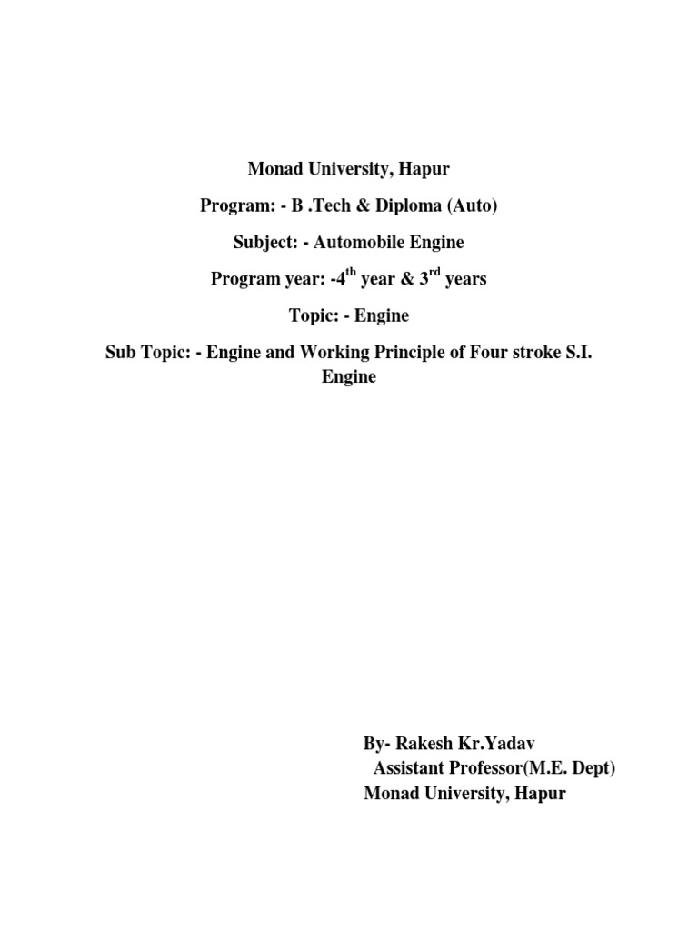 Engine and Working Principle of Four Stroke S.I. Engine | PDF ...