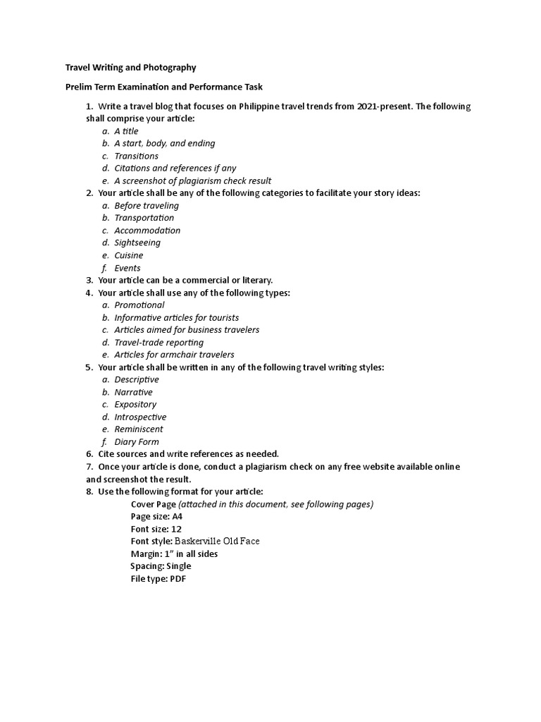 Travel Writing and Photography Prelim Term Examination and Performance ...