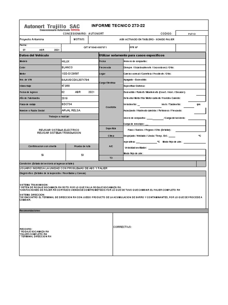 Informe Tecnico 273-22 Pu713 BDC734 | PDF | Bienes manufacturados | Coche