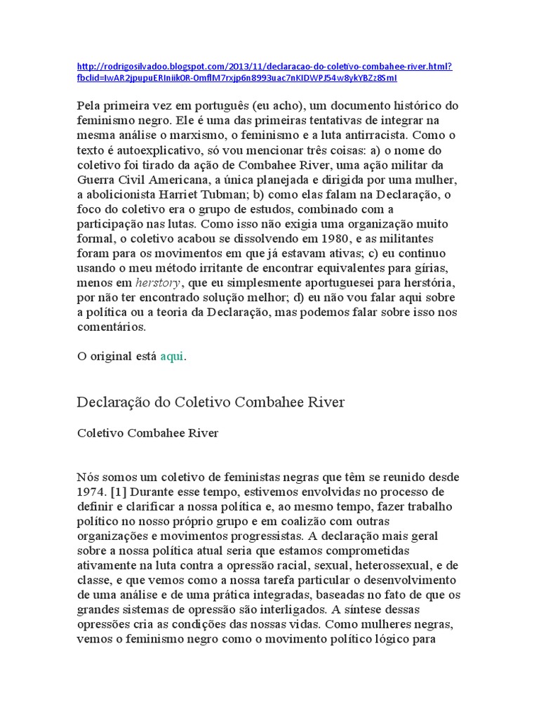 COMBAHEE RIVER COLLECTIVE - Portugues | PDF | Feminismo | Estudos de Gênero