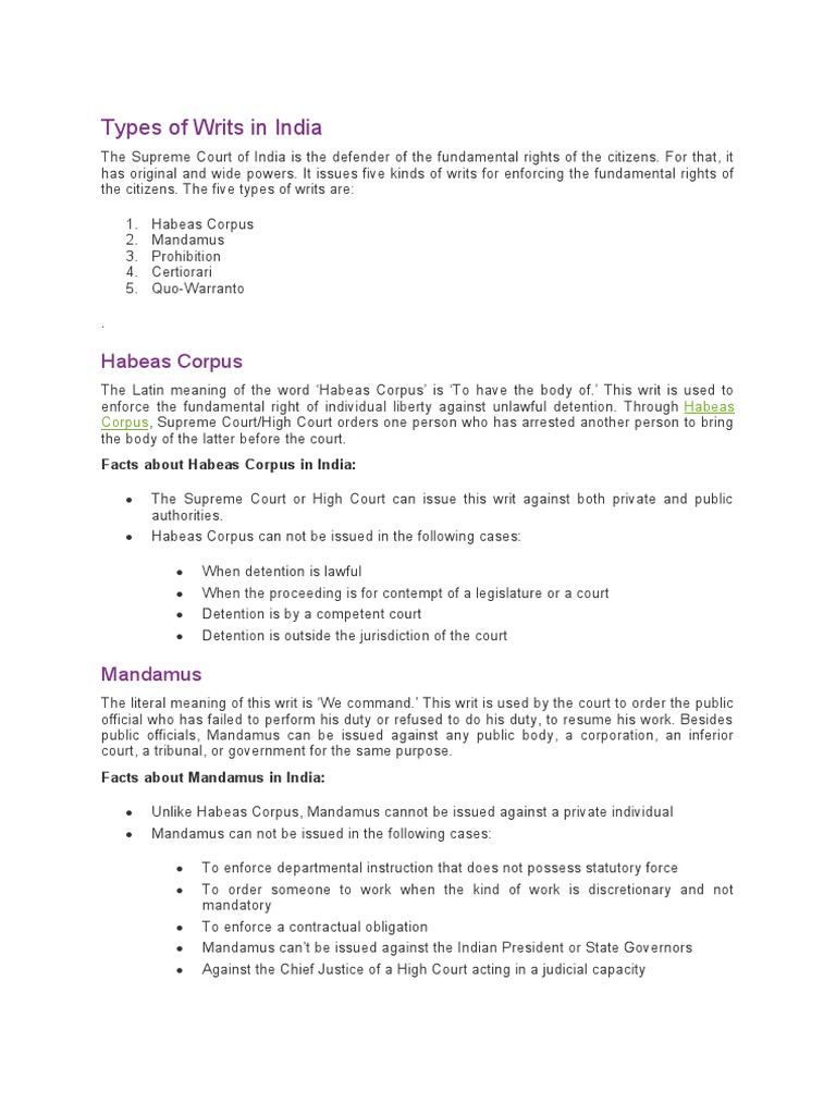 Types of Writs in India | PDF | Habeas Corpus | Writ Of Prohibition