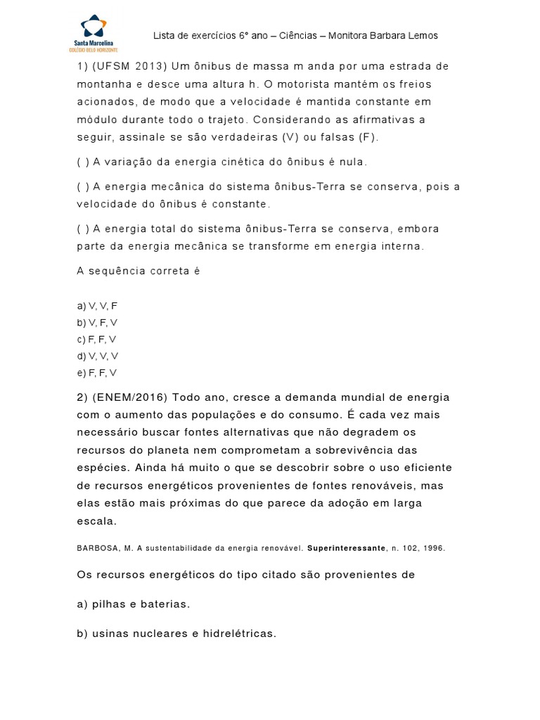 Exercícios de Revisão 8° Ano | PDF | Energia cinética | Energia potencial