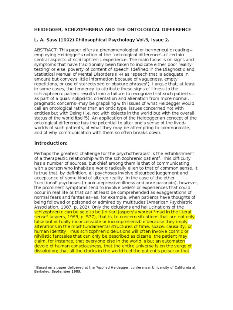 Sass - Heidegger Schizophrenia and The Ontological Difference | PDF | Martin Heidegger | Delusion