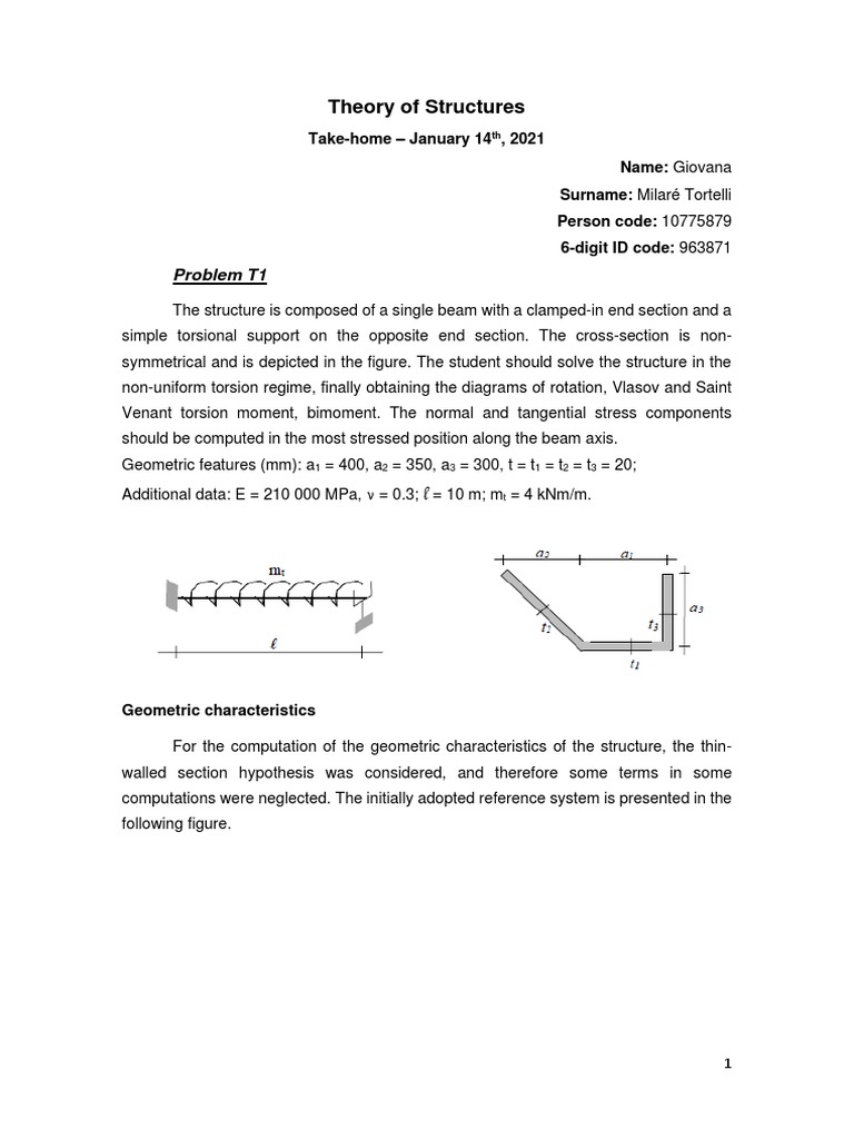TAKEHOME 1 - 14 - 12 - 2021 (Solution Theory of Structures) Polimi | PDF | Bending | Stress ...