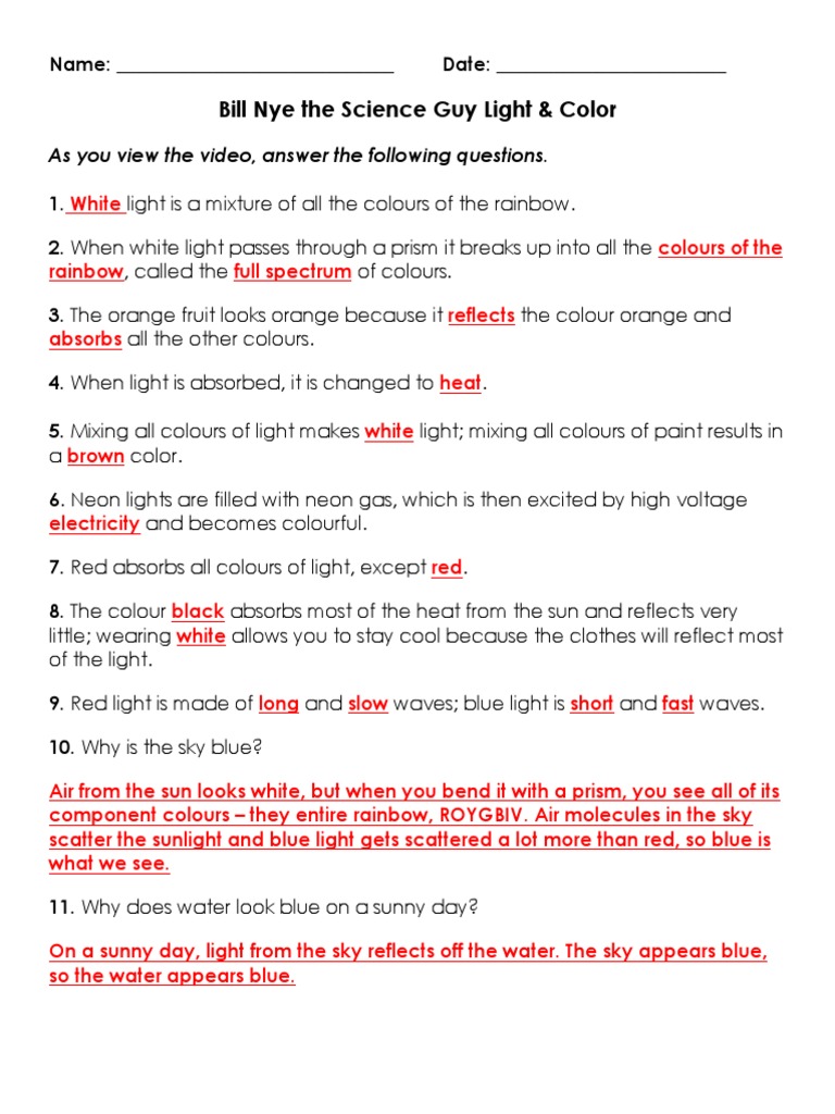 Bill Nye The Science Guy Light & Color: As You View The Video, Answer ...