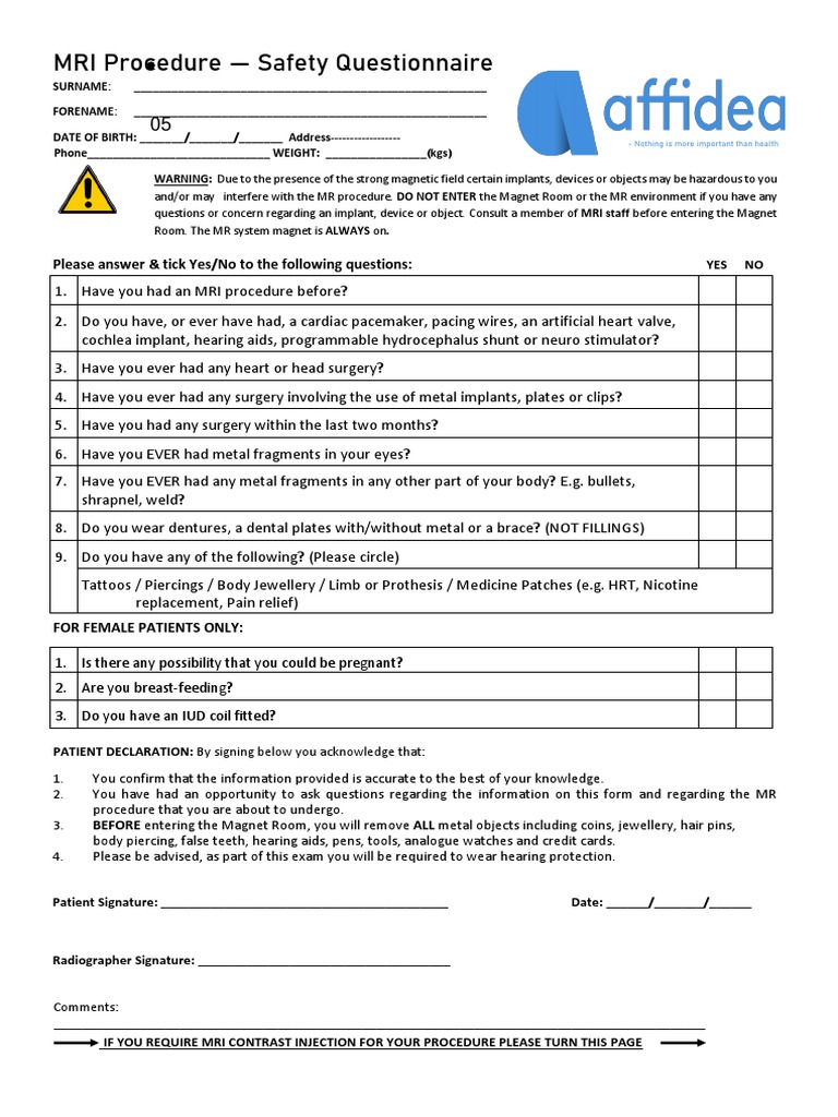 MRI Procedure - Safety Questionnaire: Please Answer & Tick Yes/No To ...