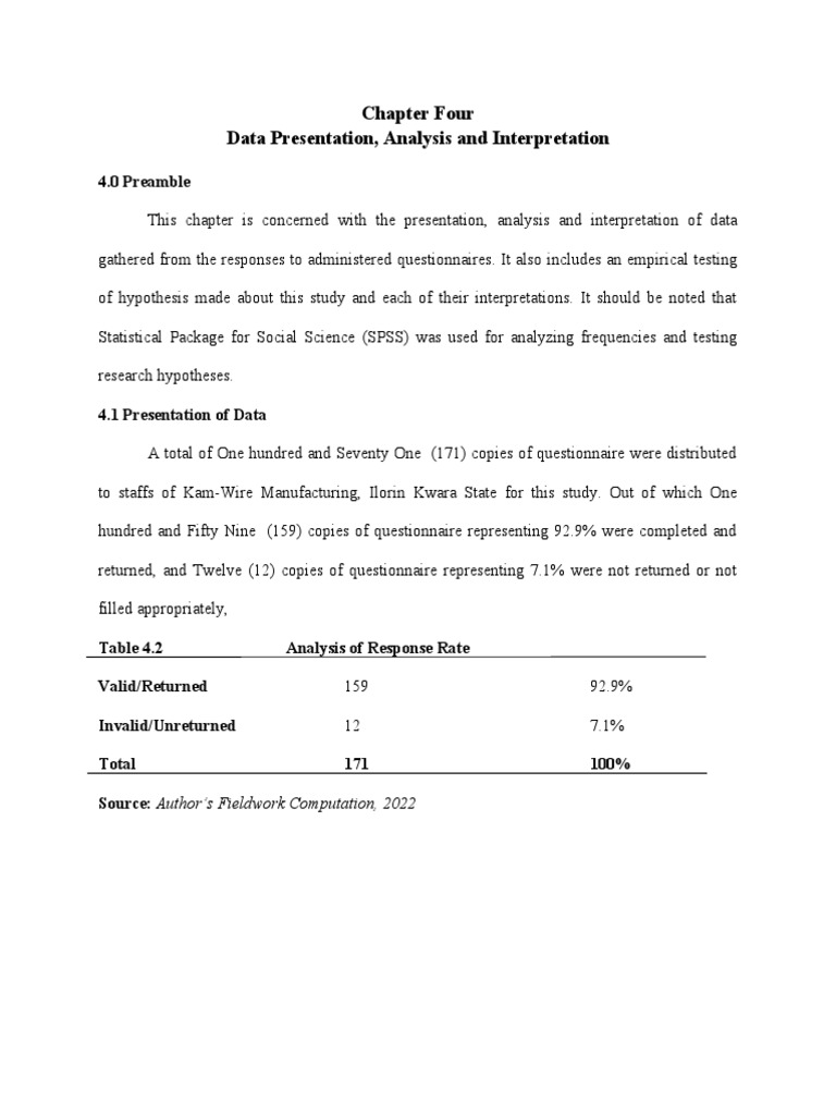 Chapter Four Data Presentation, Analysis and Interpretation: 4.0 Preamble | PDF | Coefficient Of ...