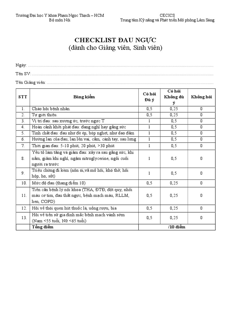 Checklist Đau NG C | PDF