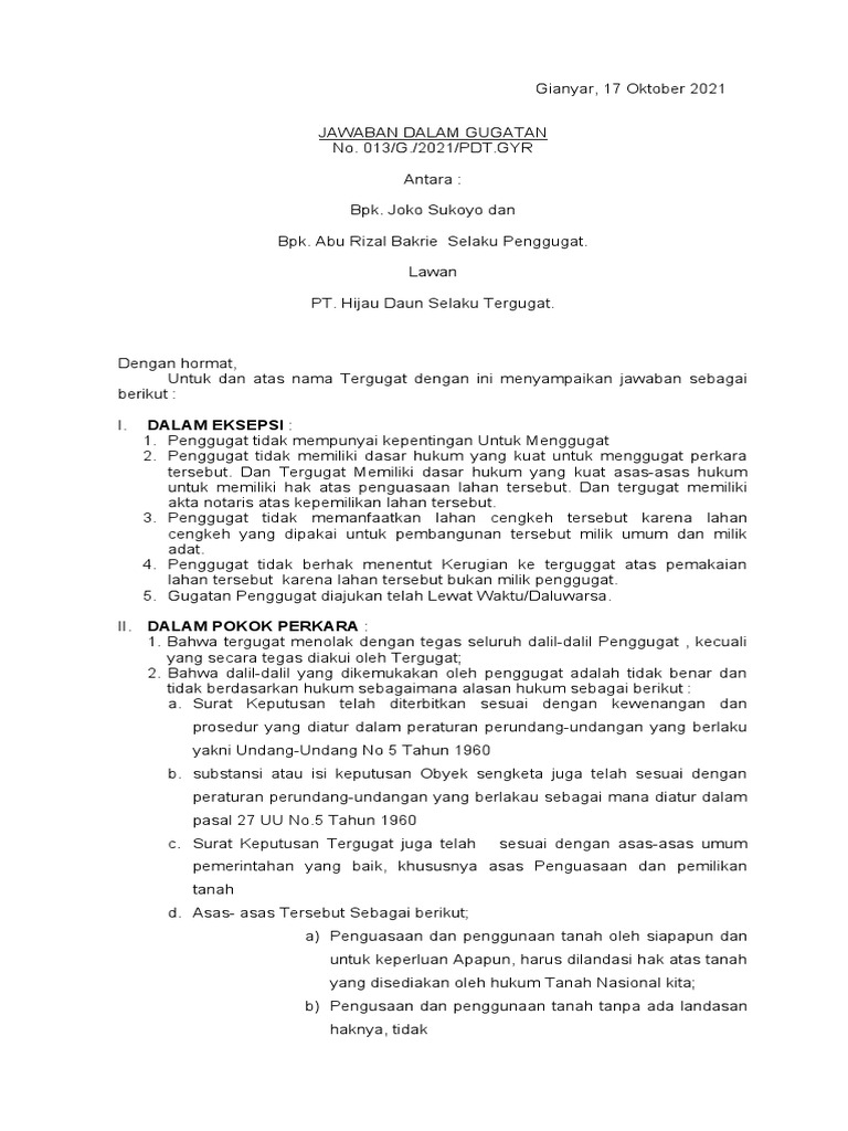 Surat Jawaban Gugatan Perdata | PDF