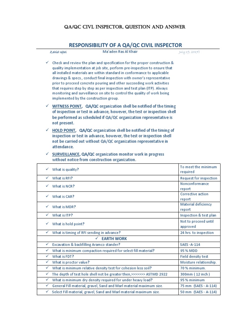 QC Civil Inspector Answer & Question | PDF | Concrete | Cement