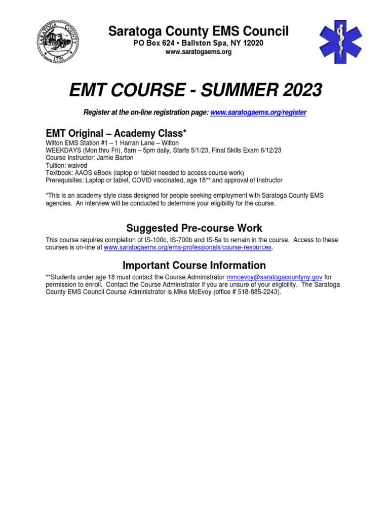 EMT Course - Summer 2023 | PDF