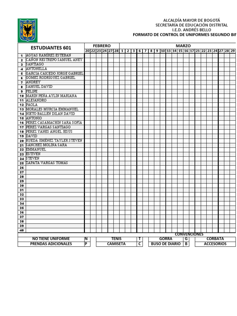 Estudiantes 601: Febrero Marzo Formato de Control de Uniformes Segundo ...