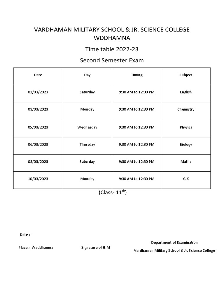 VMS Second Sem Time Table 2023 11th | PDF