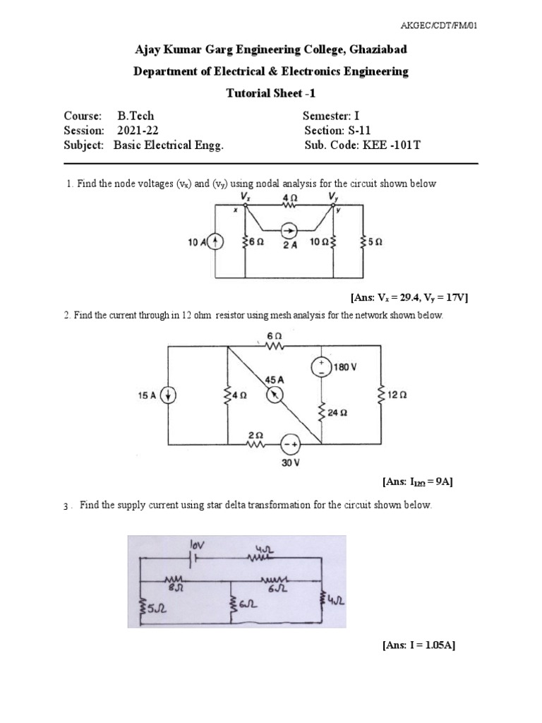 Tutorial Sheet 1 KEE101 | PDF | Electrical Network | Resistor