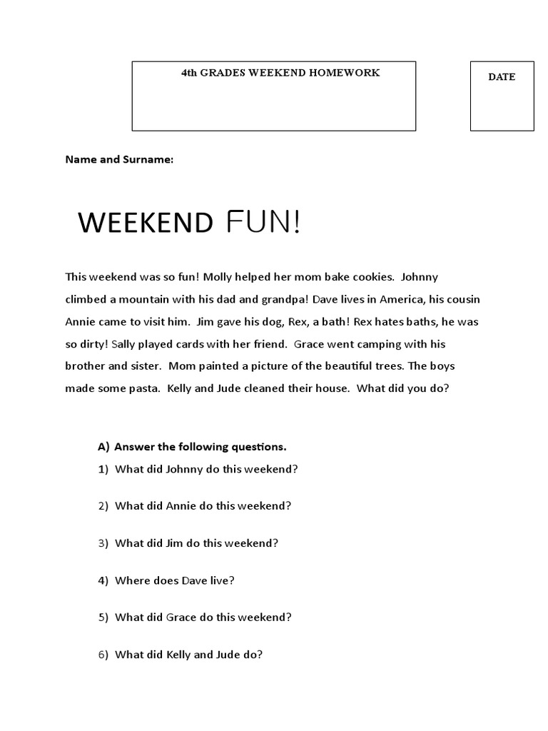 4th Grade Weekend Homework Assignment | PDF