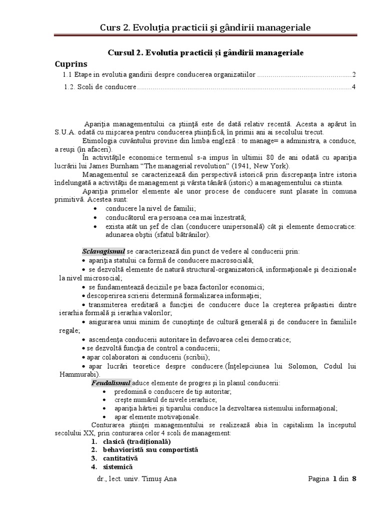 Curs 2 Evolutia Practicii Si Gandirii Manageriale | PDF