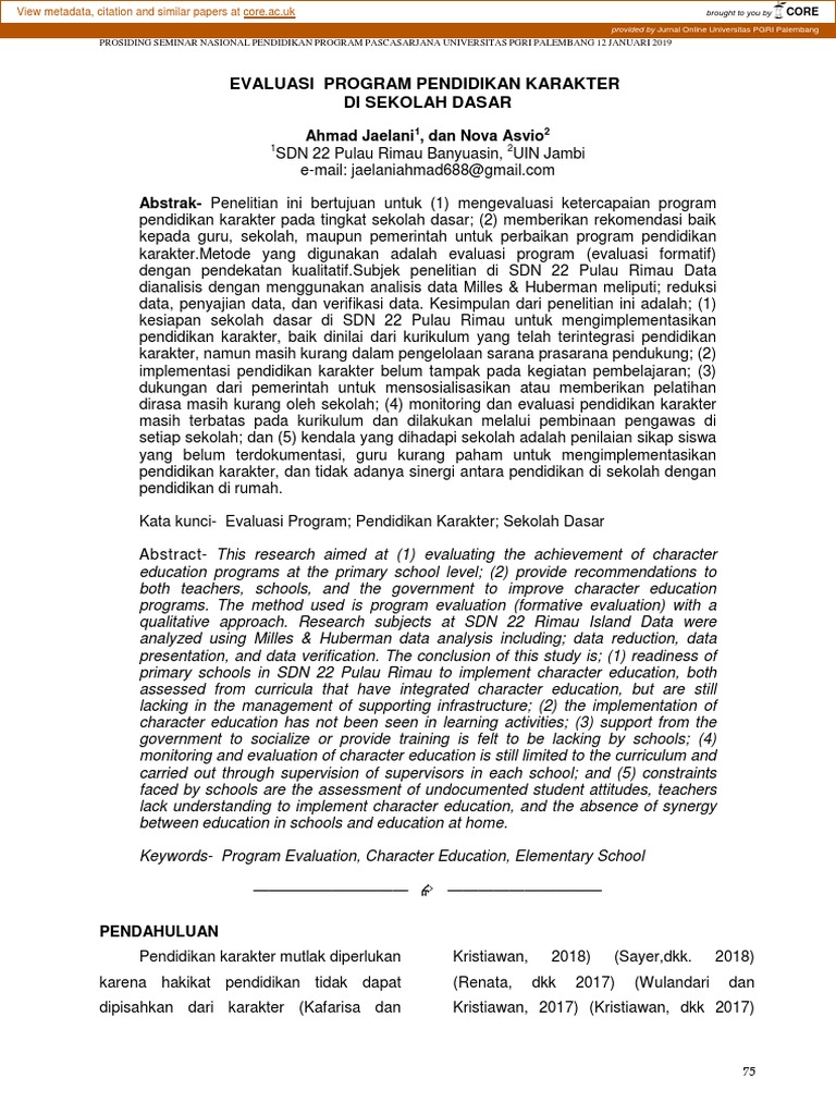 Evaluasi Program Pendidikan Karakter Di Sekolah Dasar: Ahmad Jaelani, Dan Nova Asvio | PDF