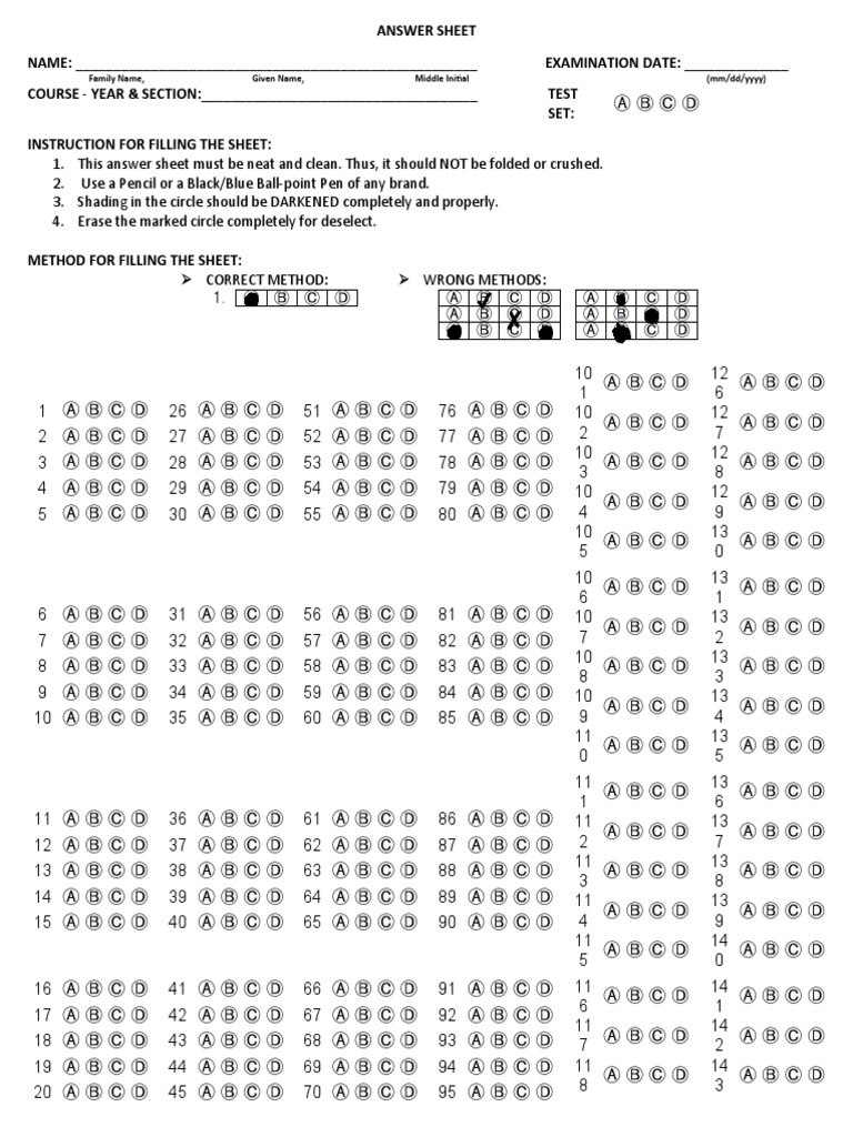 Answer Sheets For 150 Items | PDF | Writing Implements | Stationery