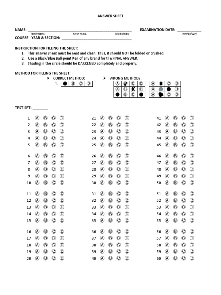 Answer Sheets For 60 Items | PDF Answer Sheets For 60 Items | PDF