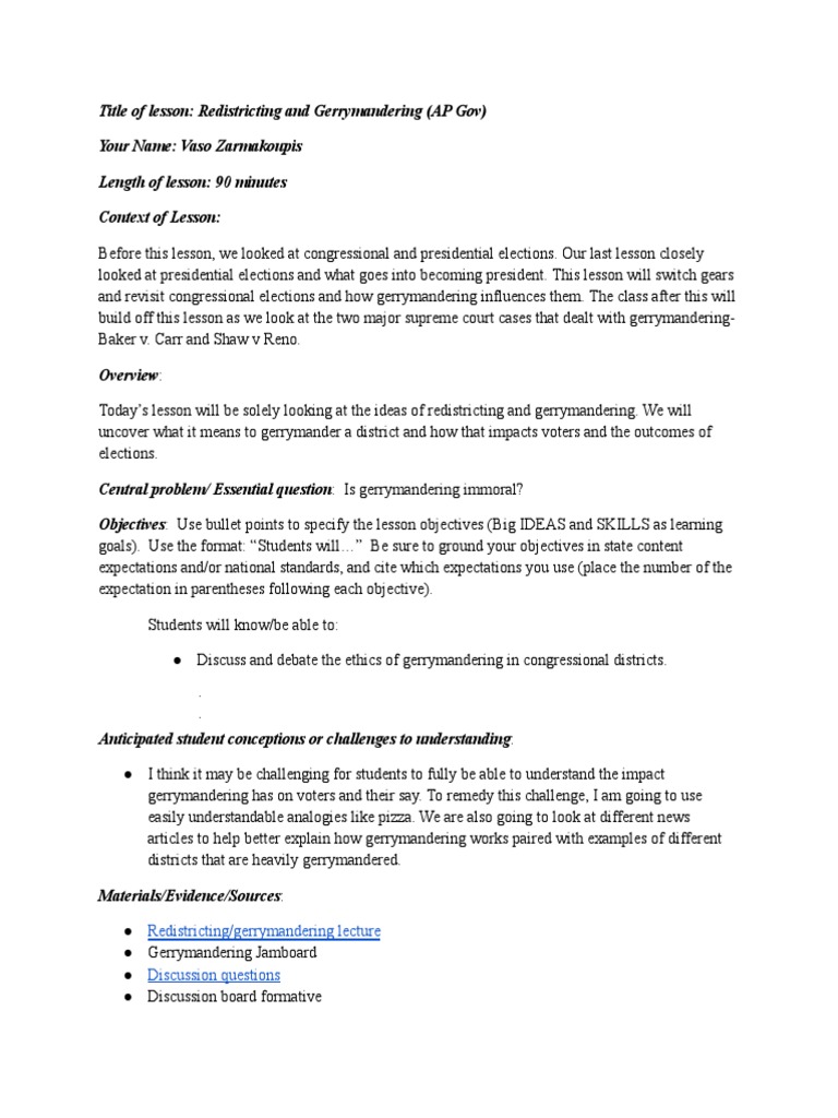Lesson Plan Tuesday Wednesday Ap Gov | PDF | Gerrymandering | Learning