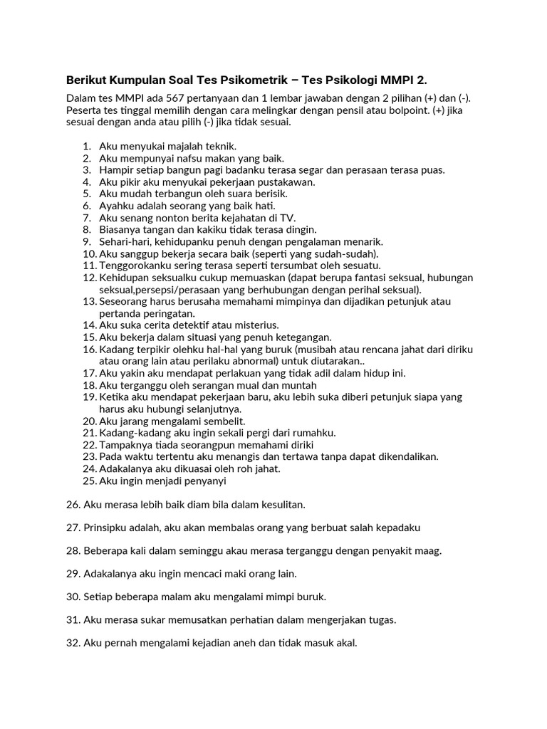 Berikut Kumpulan Soal Tes Psikometrik - Tes Psikologi MMPI 2 | PDF ...