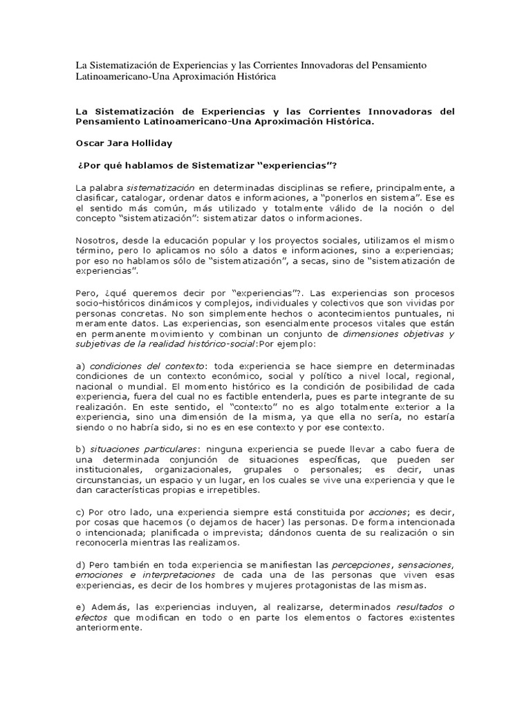 Sistematizacion de Experiencia - JARA | PDF | Experiencia | Trabajo Social