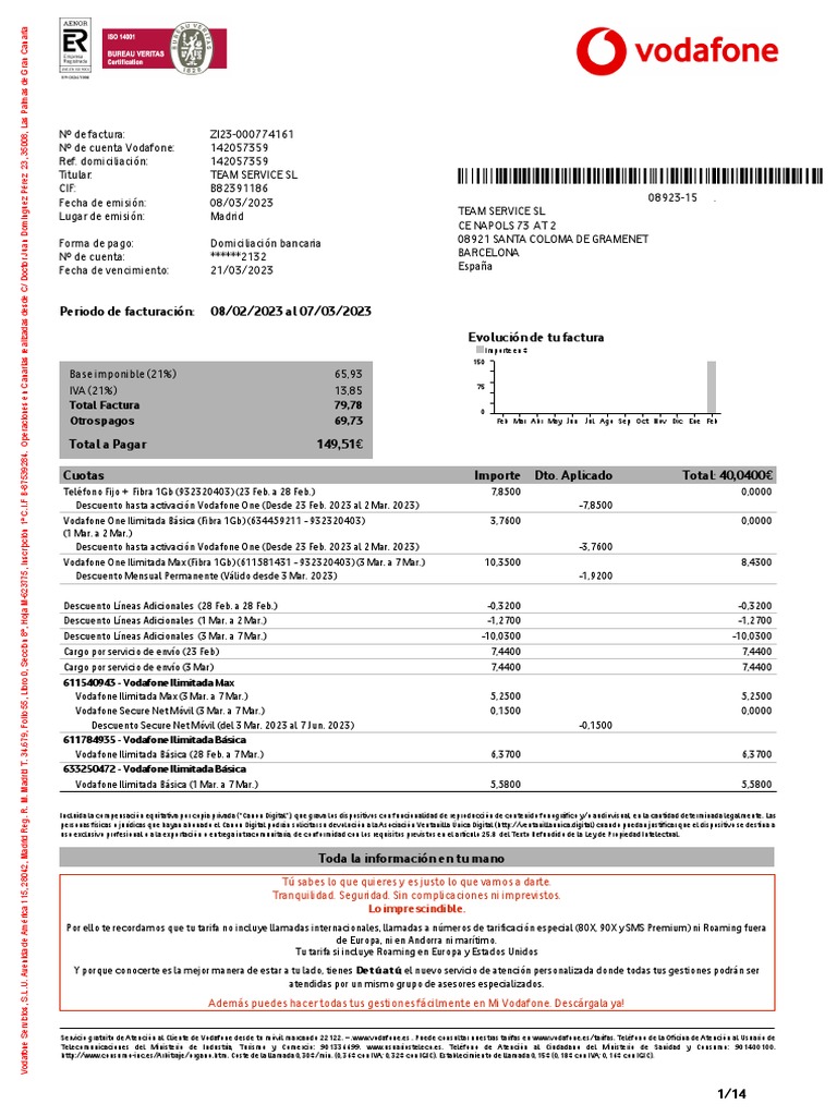 Factura Vodafone | PDF | Telefonía móvil | Itinerancia