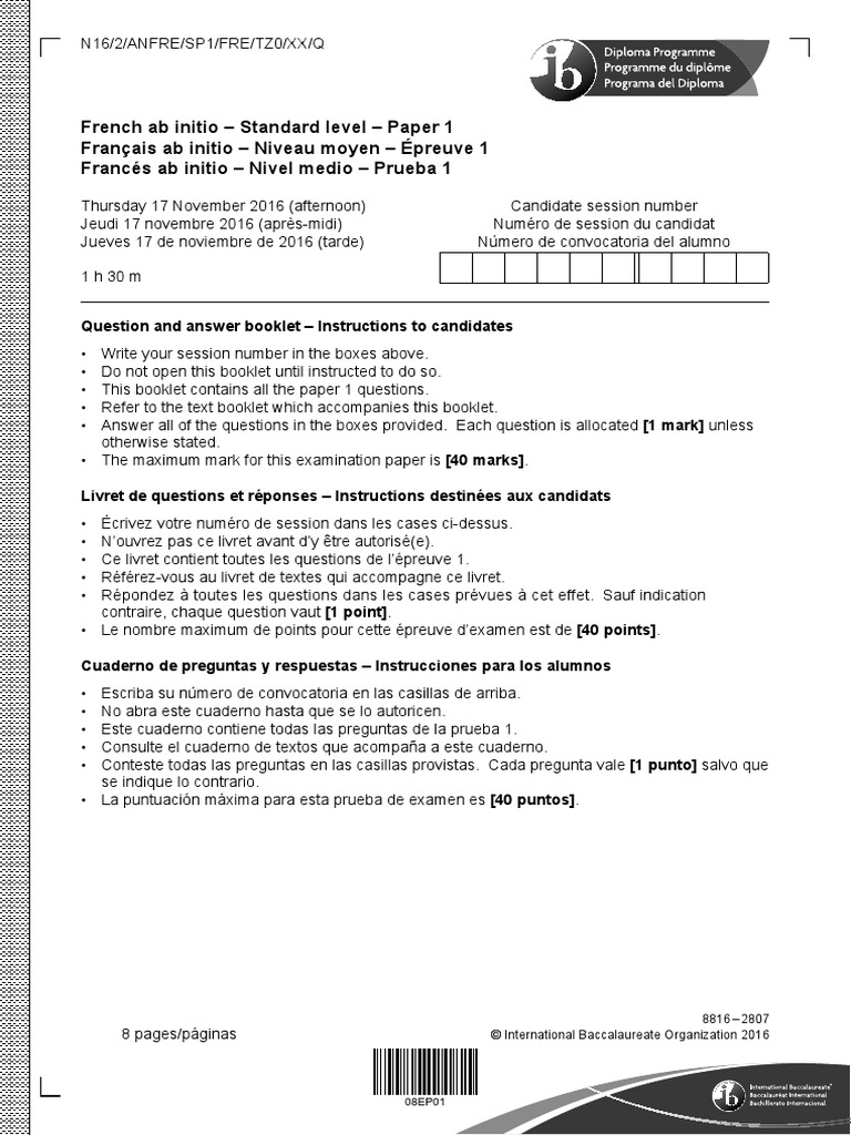 French Ab Initio Paper 1 Question Booklet SL French | PDF