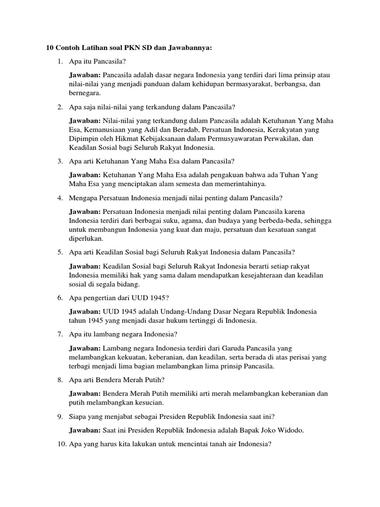 10 Contoh Latihan Soal PKN SD Dan Jawabannya | PDF