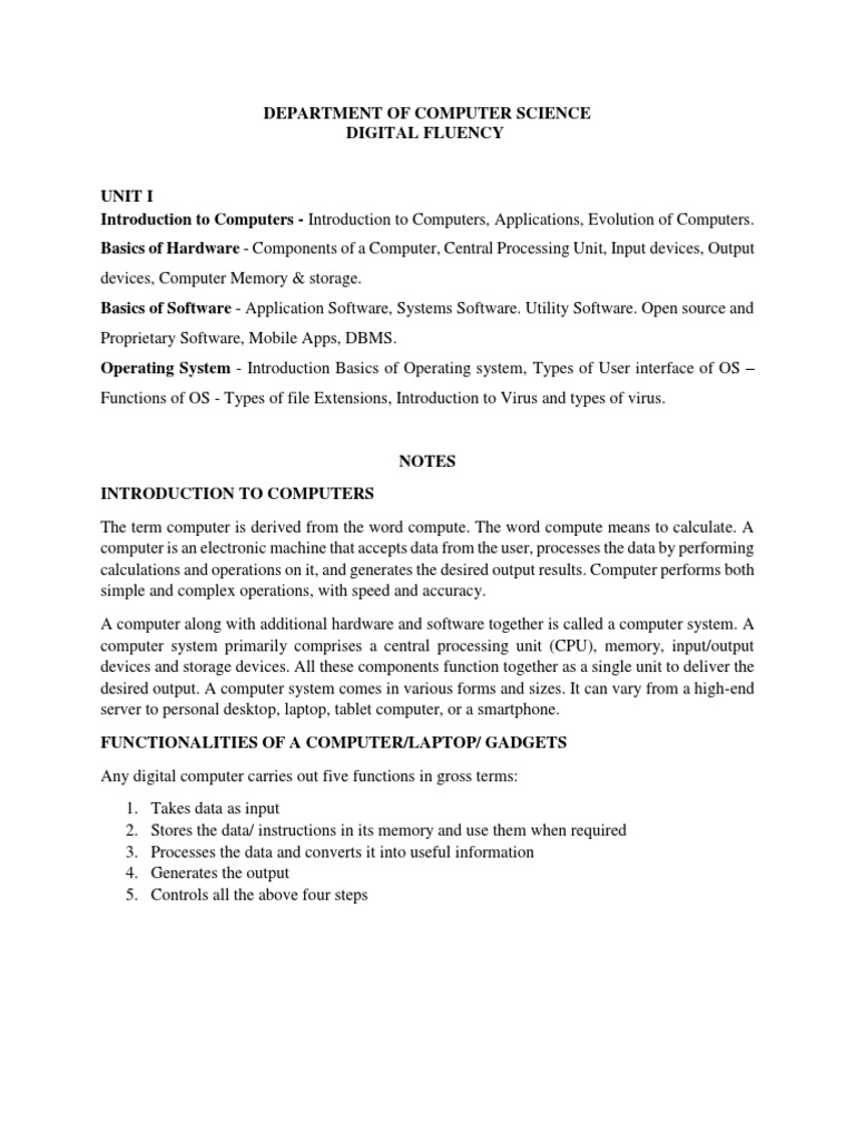 UNIT - 1 - Digital Fluency | PDF | Random Access Memory | Read Only Memory