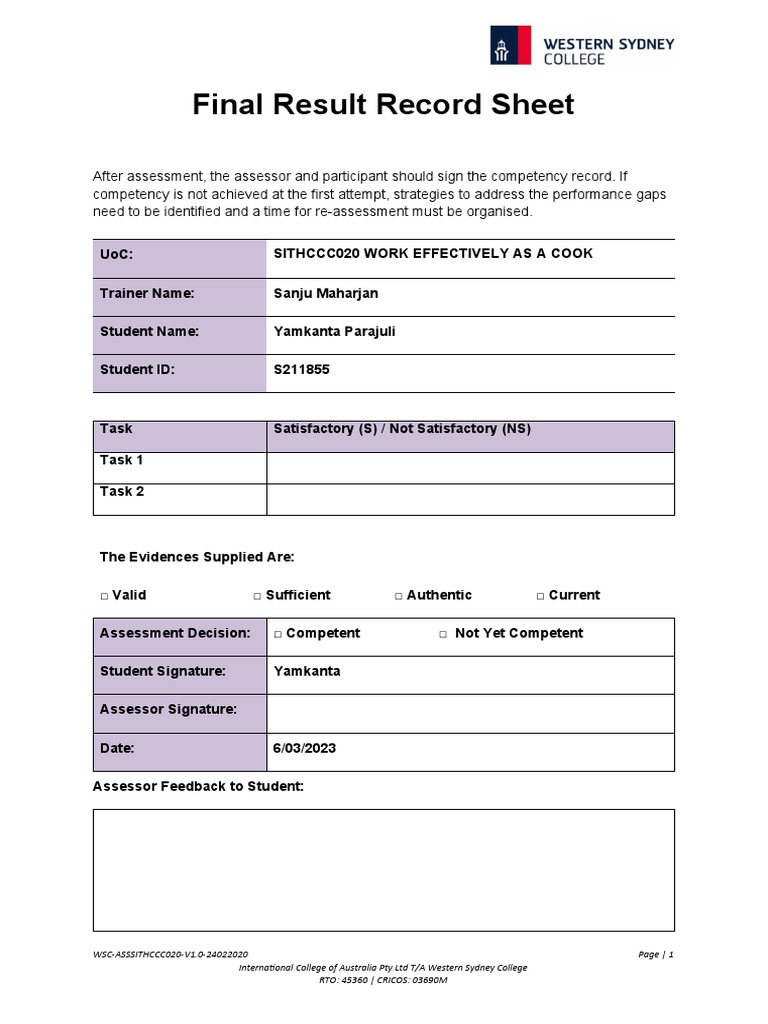 Final Result Record Sheet SITHCCC020 | PDF