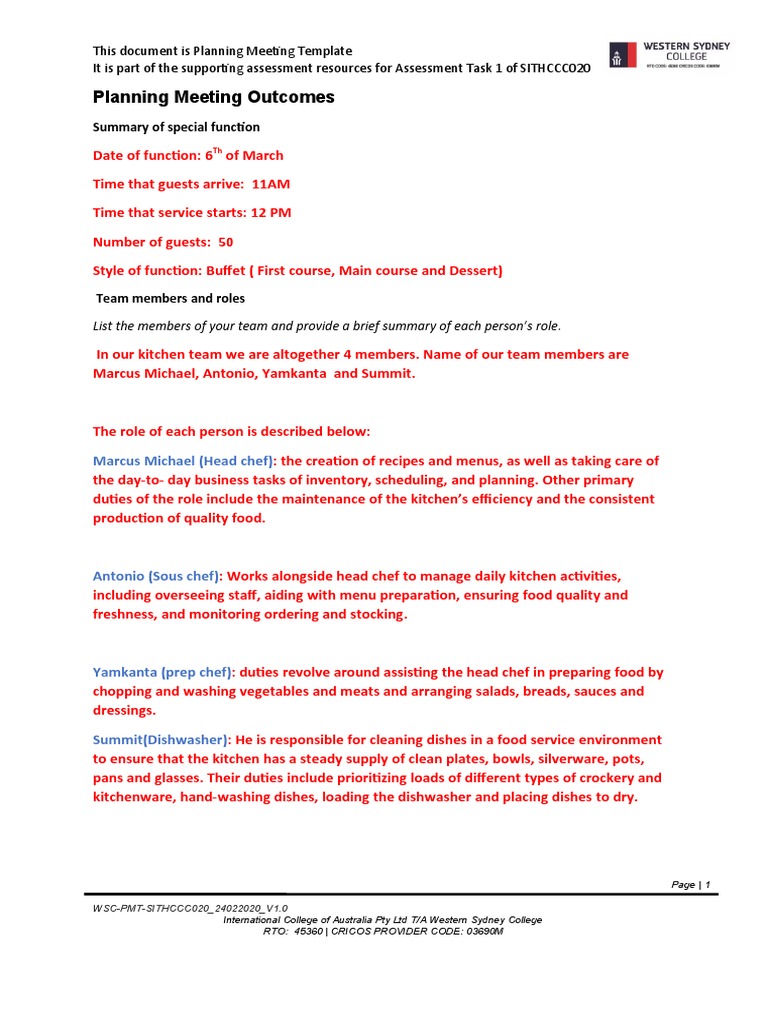 Planning Meeting Template for Functions | PDF | Chef | Menu