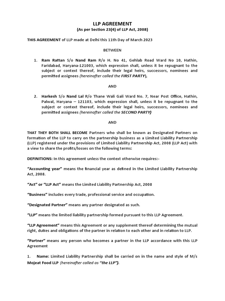 LLP Agreement - MOJEAT FOOD LLP | PDF | Limited Liability Partnership ...