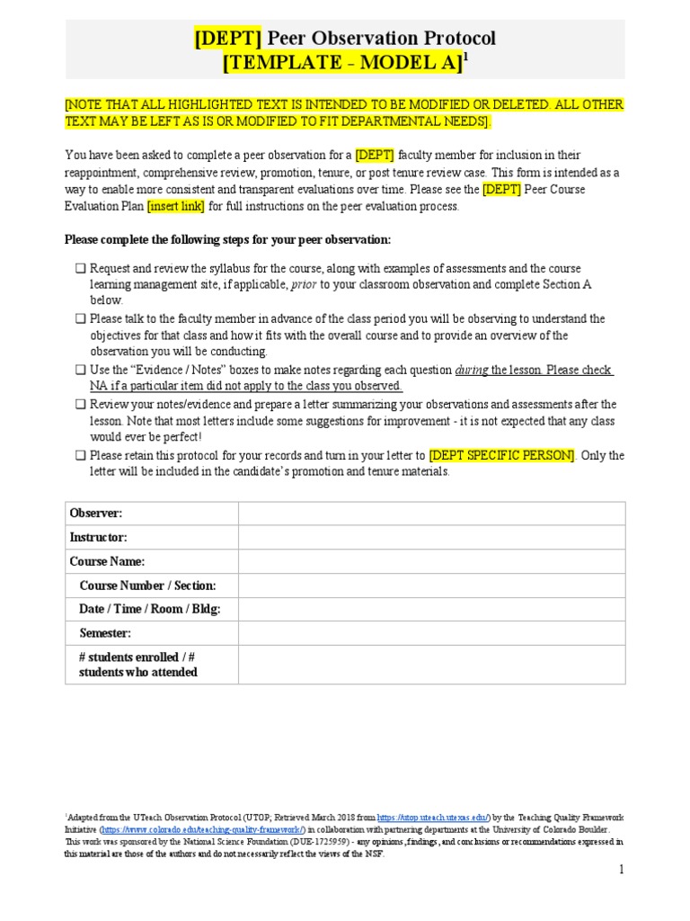 (DEPT) Peer Observation Protocol (Template - Model A) : Please Complete The Following Steps For ...