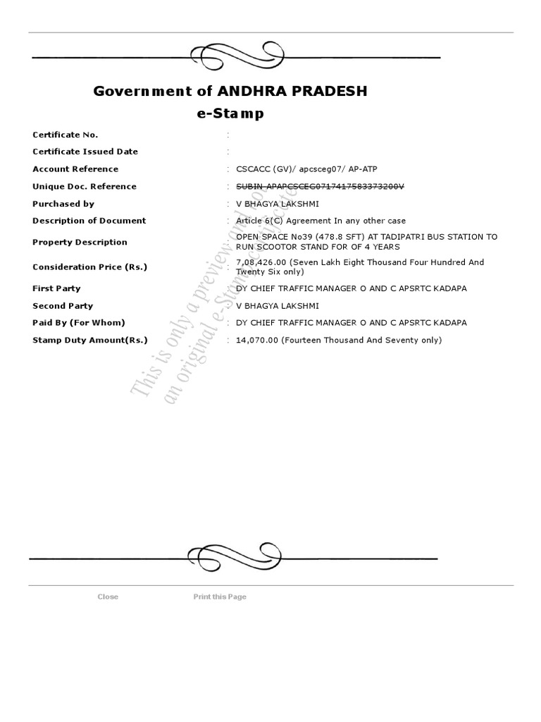 Government of ANDHRA PRADESH E-Stamp: Close Print This Page | PDF