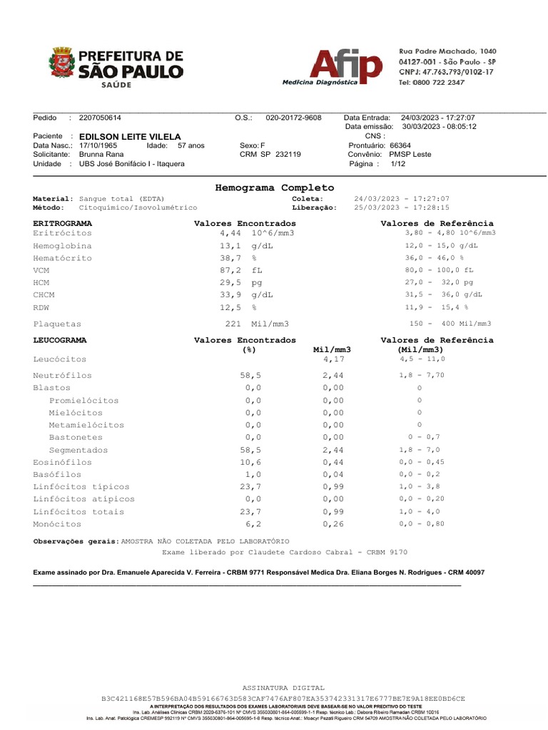 Hemograma Completo: Edilson Leite Vilela | PDF | Diabetes | Creatinina