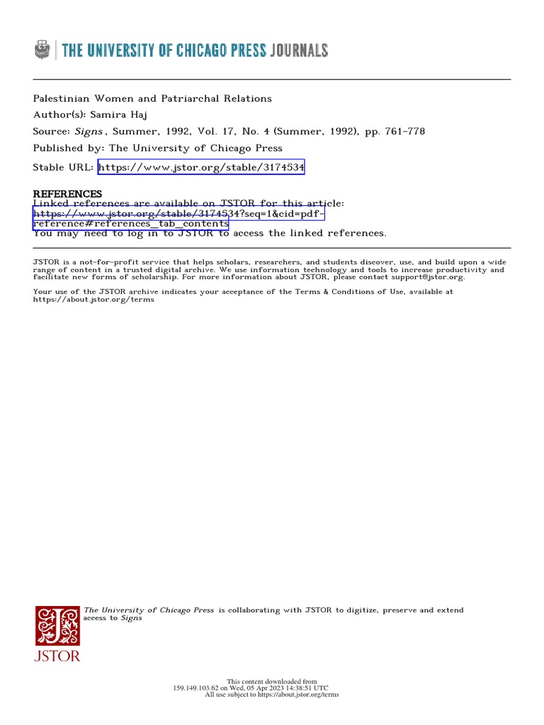 HAJ, Samira 1992 - Palestinian Women and Patriarchal Relations | PDF ...