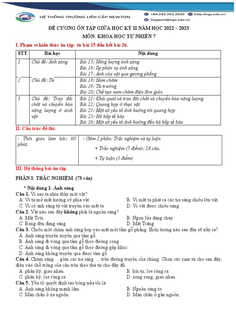 ĐỀ CƯƠNG KHTN 7- GKII chuẩn | PDF