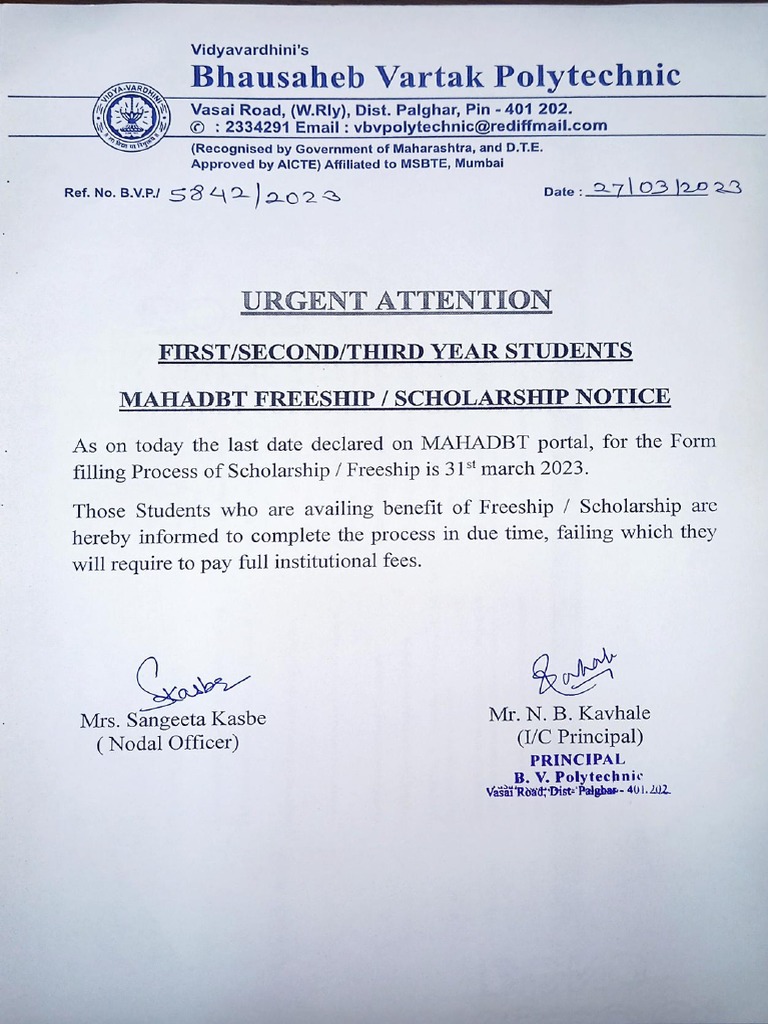 Mahadbt Freeship - Scholarship Notice | PDF