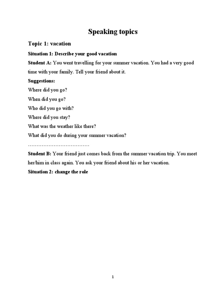 Summer Vacation Speaking Topics | PDF