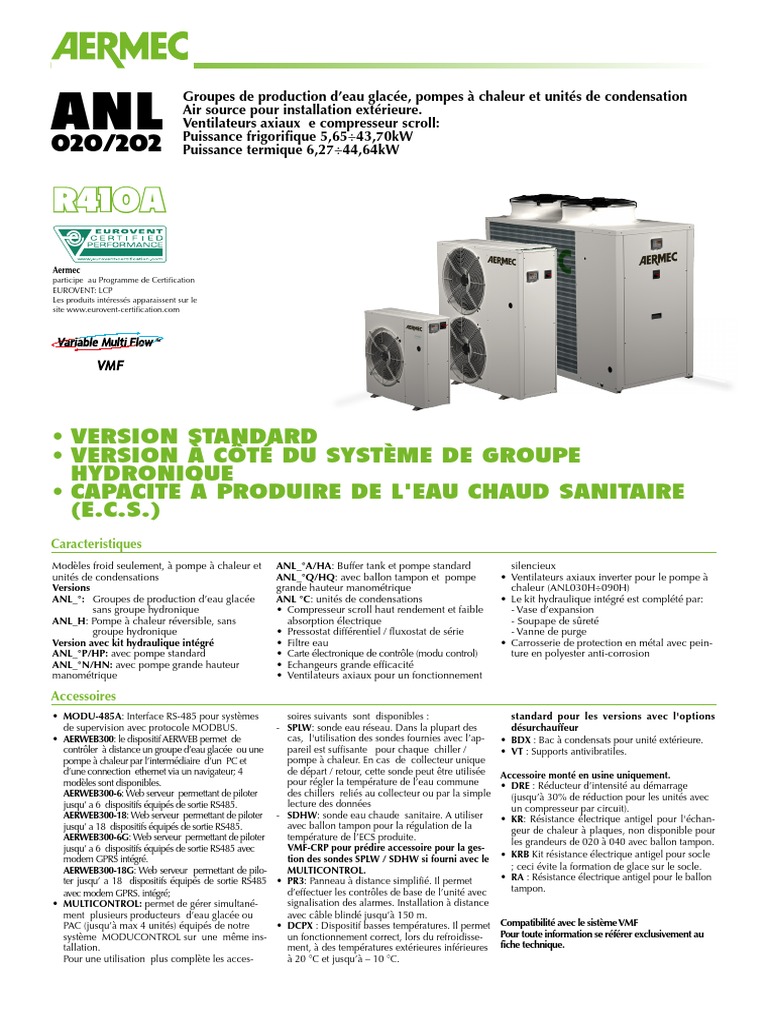 PAC Aermec ANL030H | PDF | Pompe à chaleur | Sciences physiques