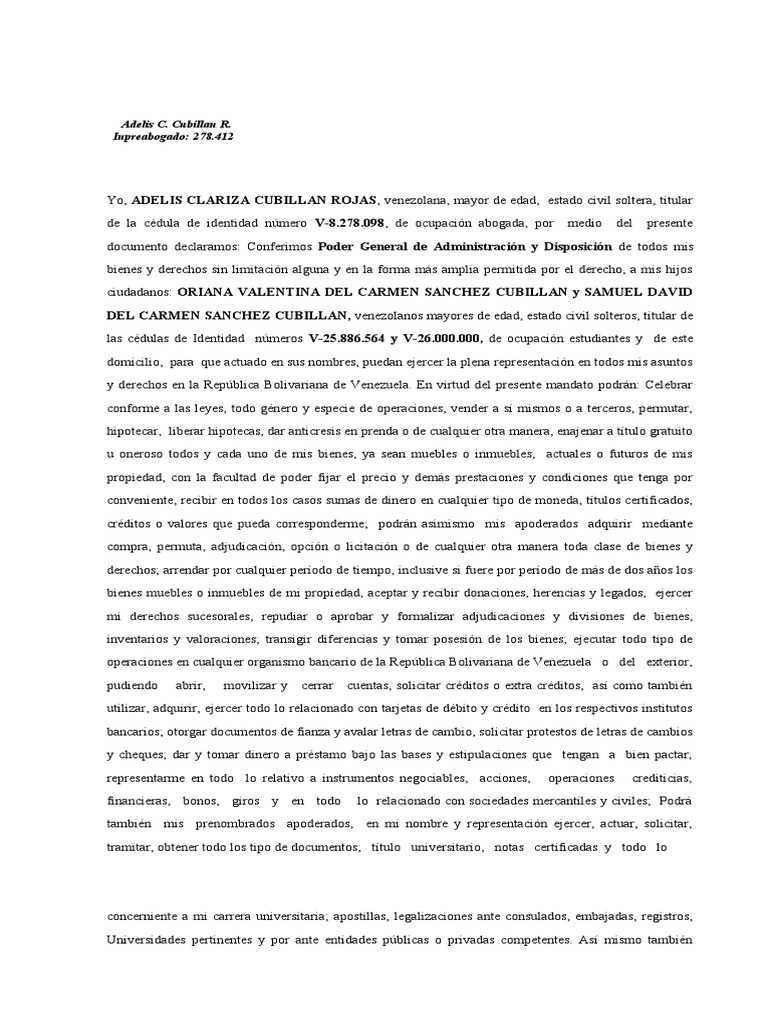 Poder General de Administración y Disposición y Representacion . | PDF ...