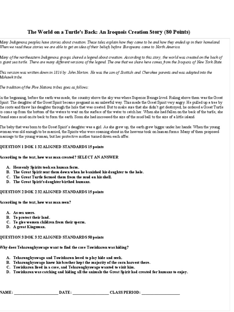 The World On A Turtle's Back An Iroquois Creation Story (80 Points) | PDF